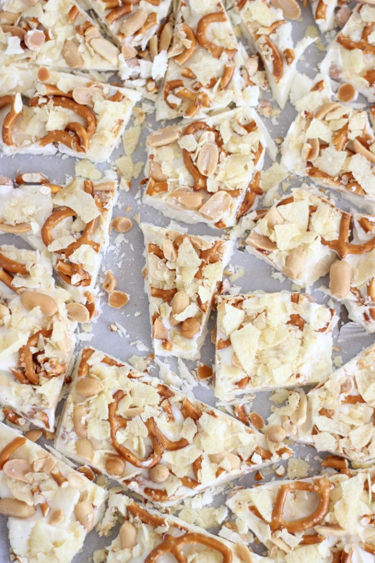 Caramel Pretzel Salted Peanut Potato Chip Bark