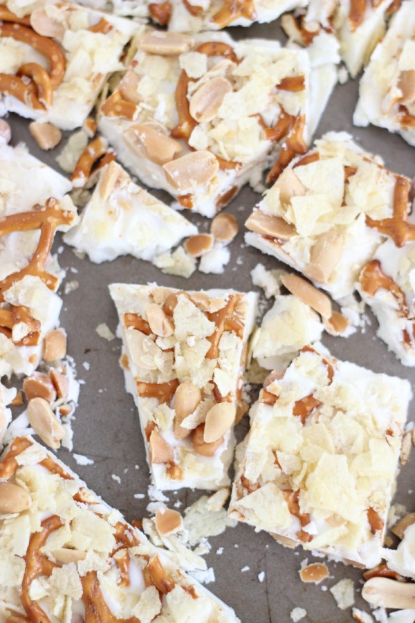 Caramel Pretzel Salted Peanut Potato Chip Bark