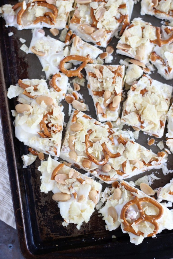 Caramel Pretzel Salted Peanut Potato Chip Bark