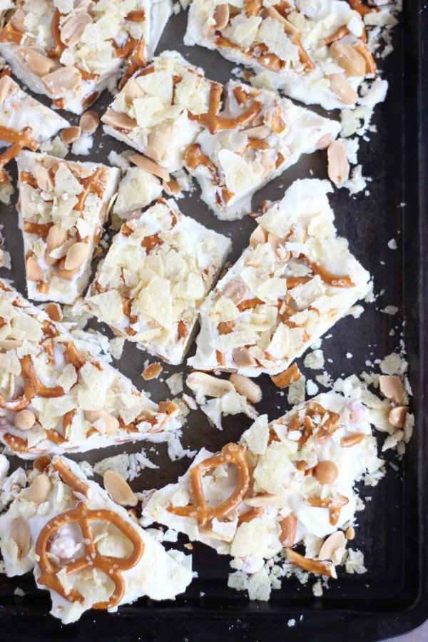 Caramel Pretzel Salted Peanut Potato Chip Bark