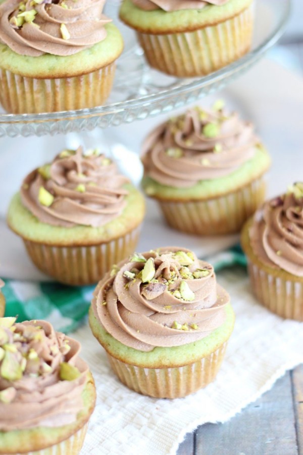 Chocolate Ganache Pistachio Cupcakes with Chocolate Cream Cheese Frosting
